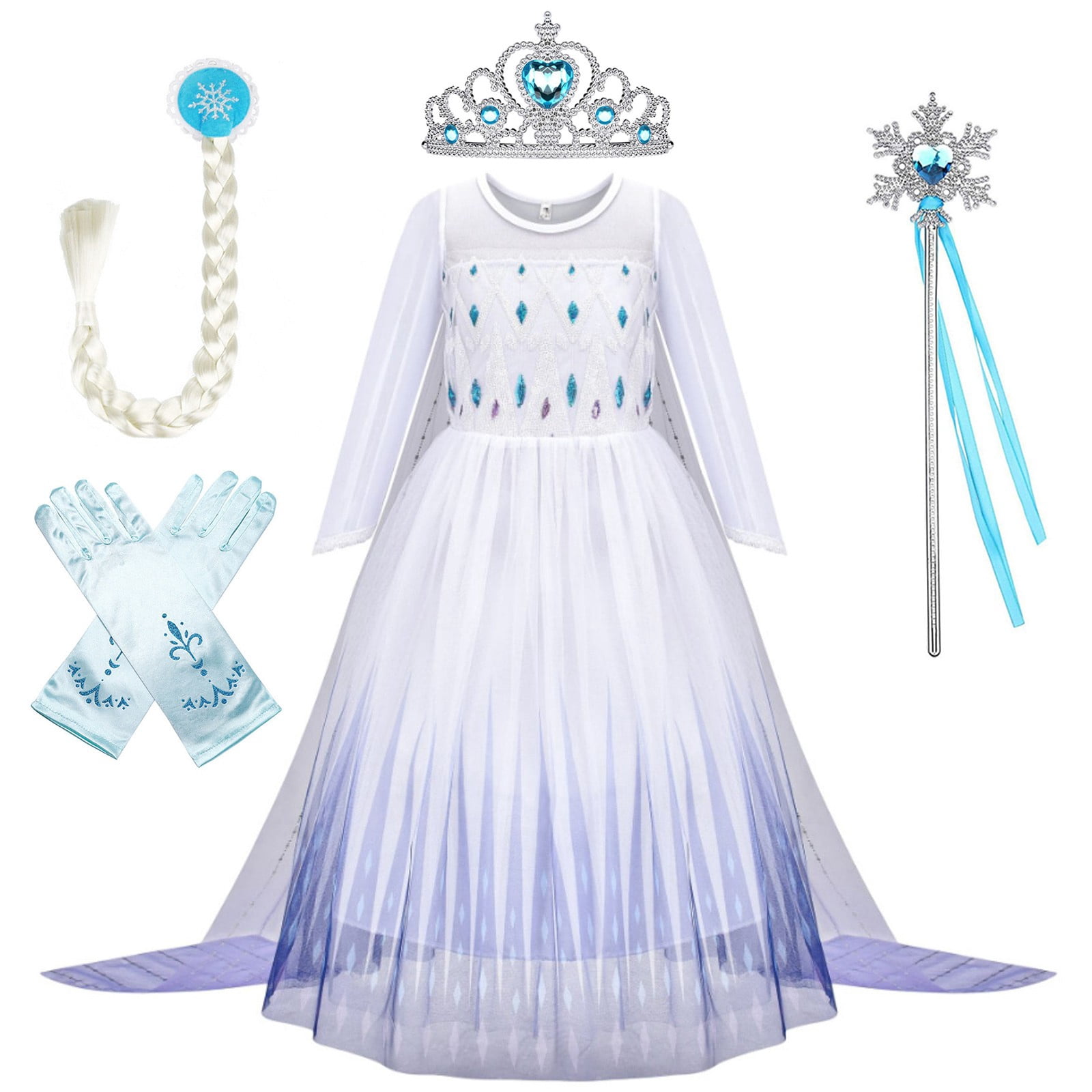 Princess Elsa Cosplay Costume & Accessories - 5Pcs Girls Elsa Princess ...