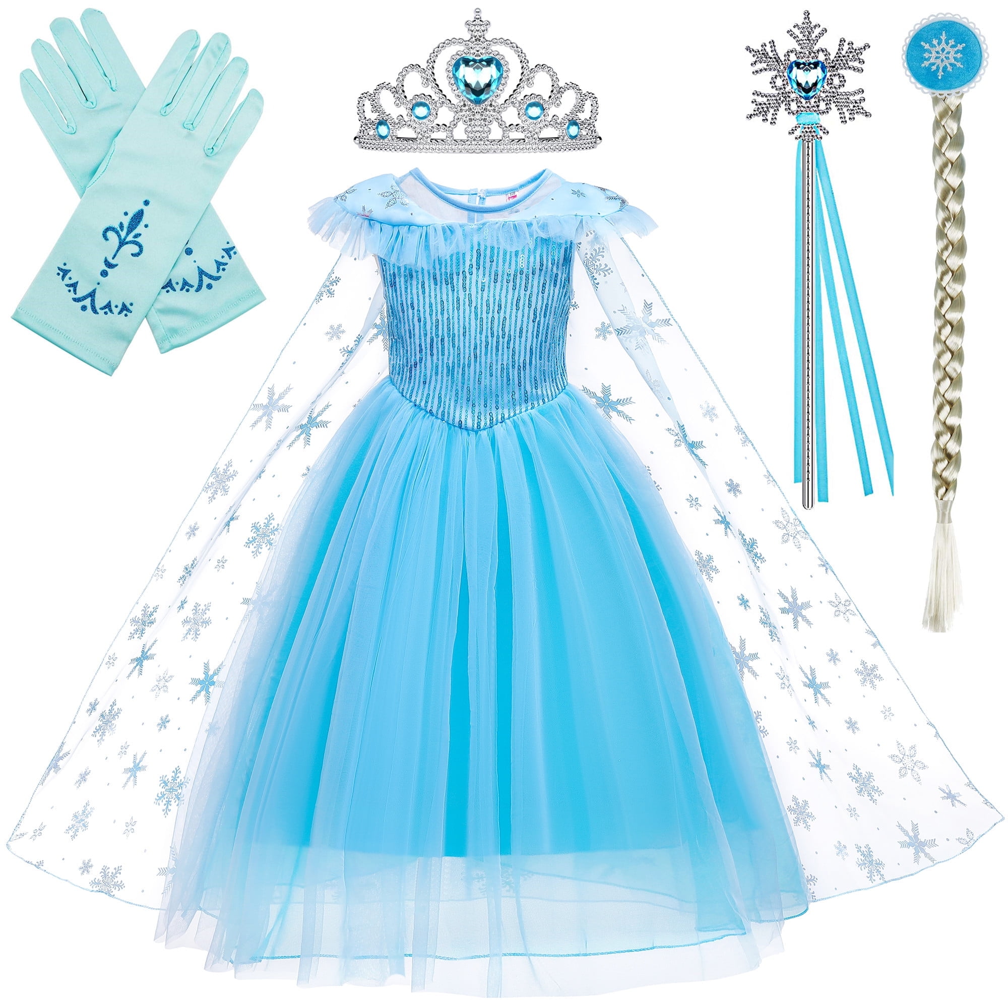 SpeeKids Elsa Costume for Girls, Princess Dress with Crown, Wand, Wig ...
