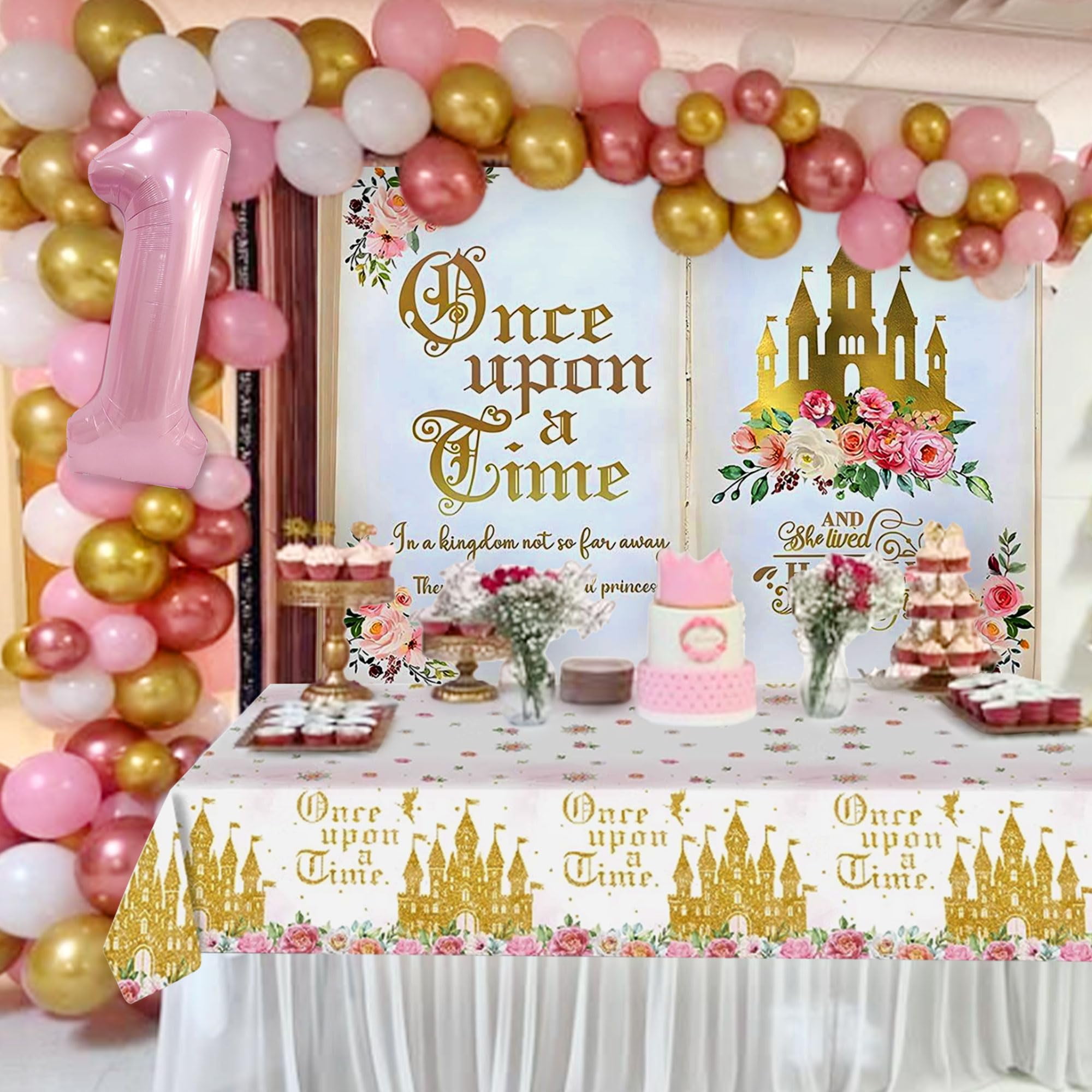 Princess First Birthday Decoration Once Upon AFN1a Time Backdrop Pink ...