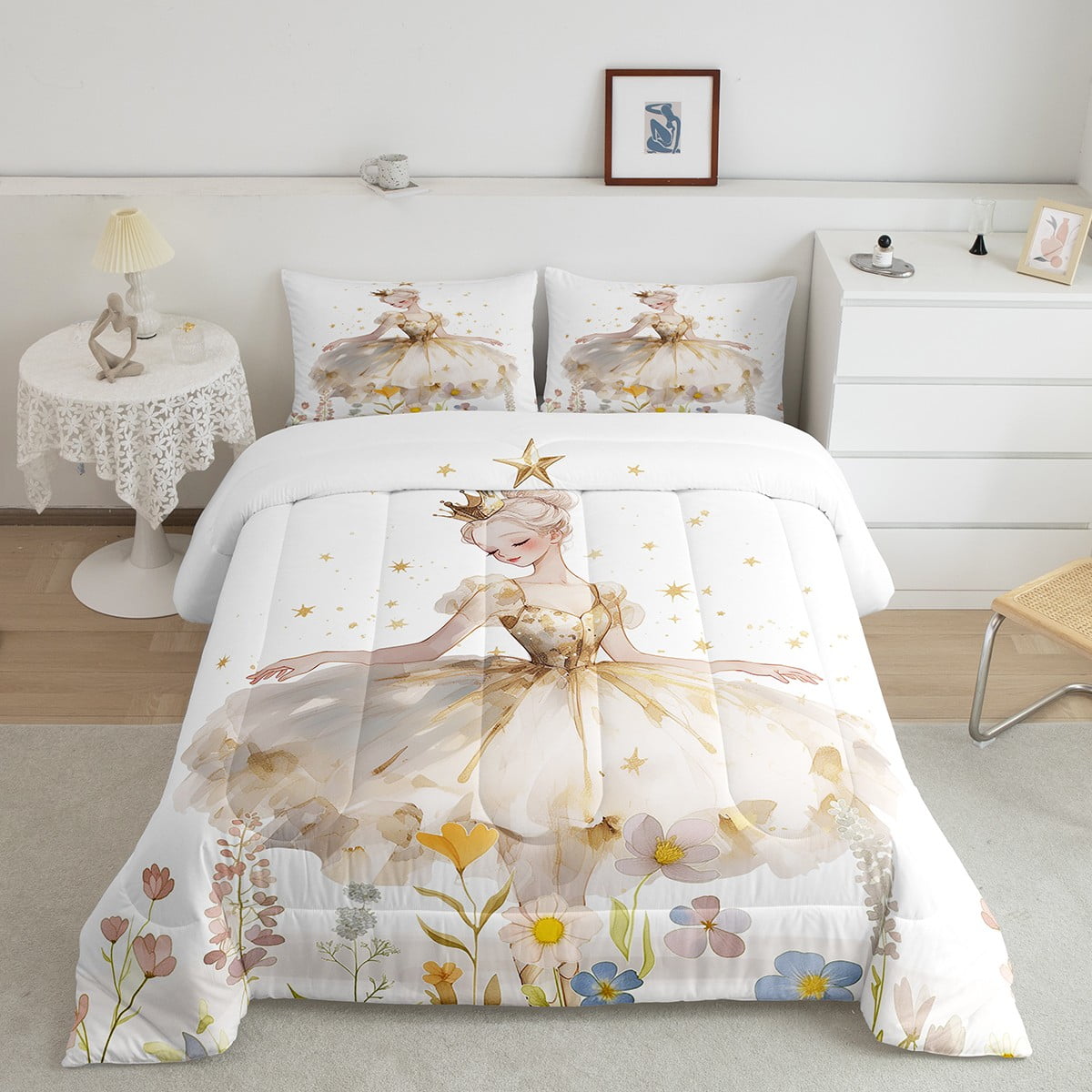Princess Comforter Set Queen Size,Watercolor Flower Bedding Set 3Pcs ...