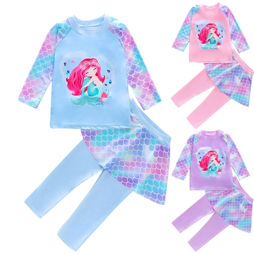 Princess Girls Two Pieces Mermaid Swimsuit 1-8T Kids Long Rashguard ...