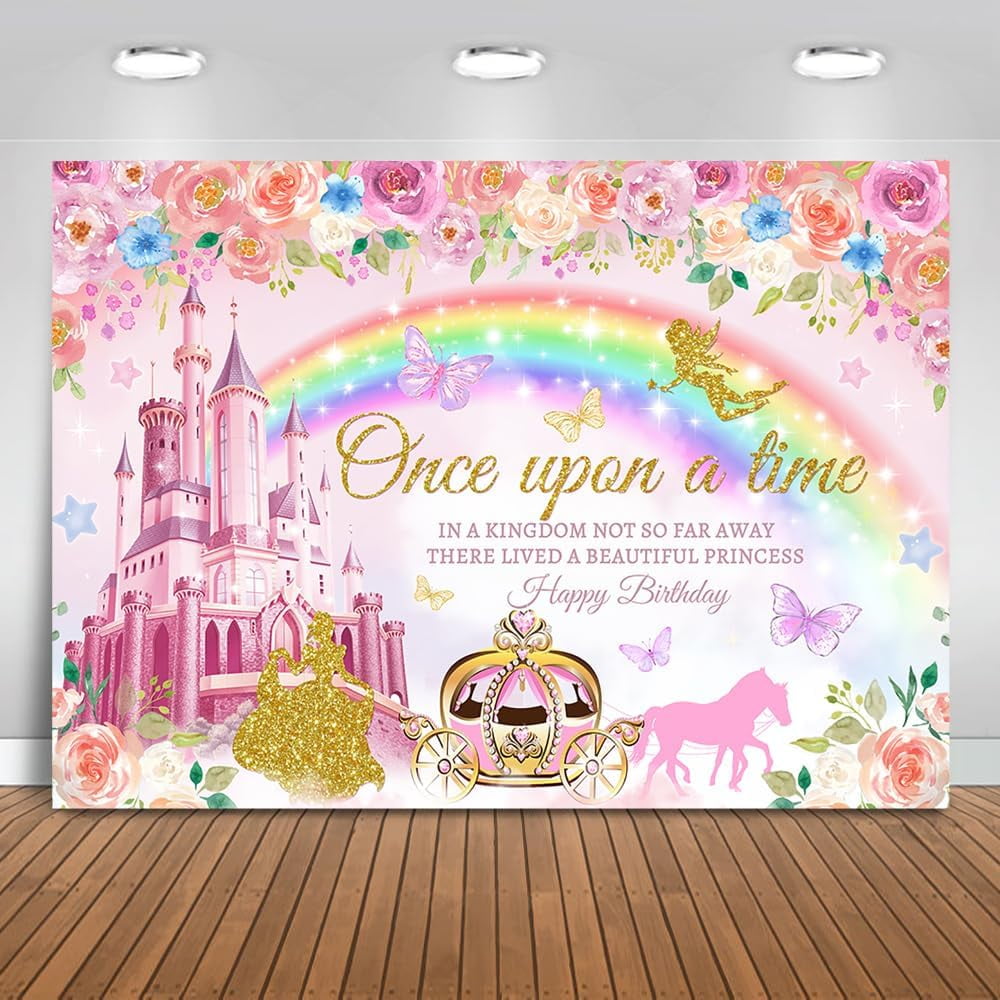 Princess Happy Birthday Backdrop Pink Royal Castle Carriage Floral ...