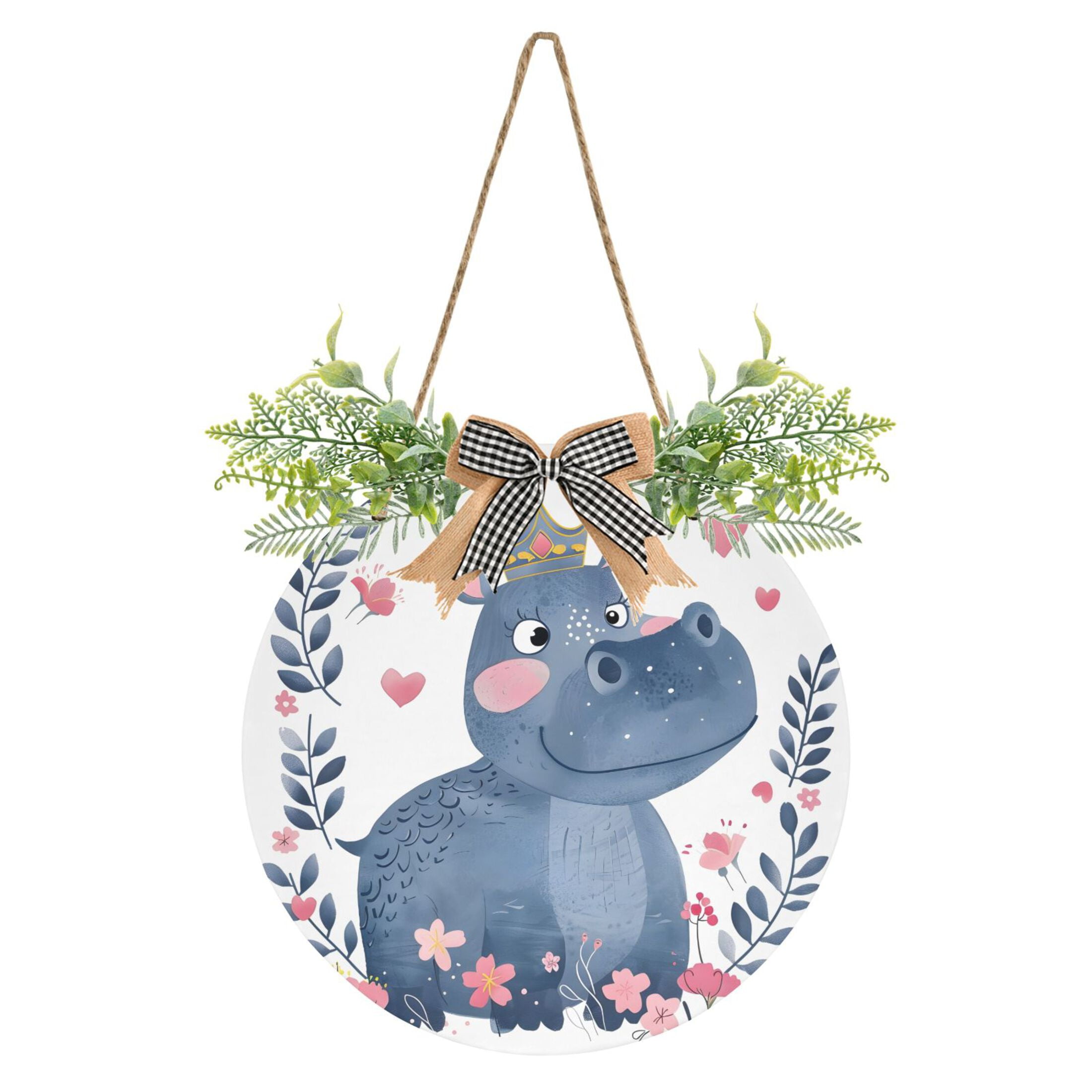 Princess Hippo with Crown Welcome Front Door Sign Round 12 inch Porch ...