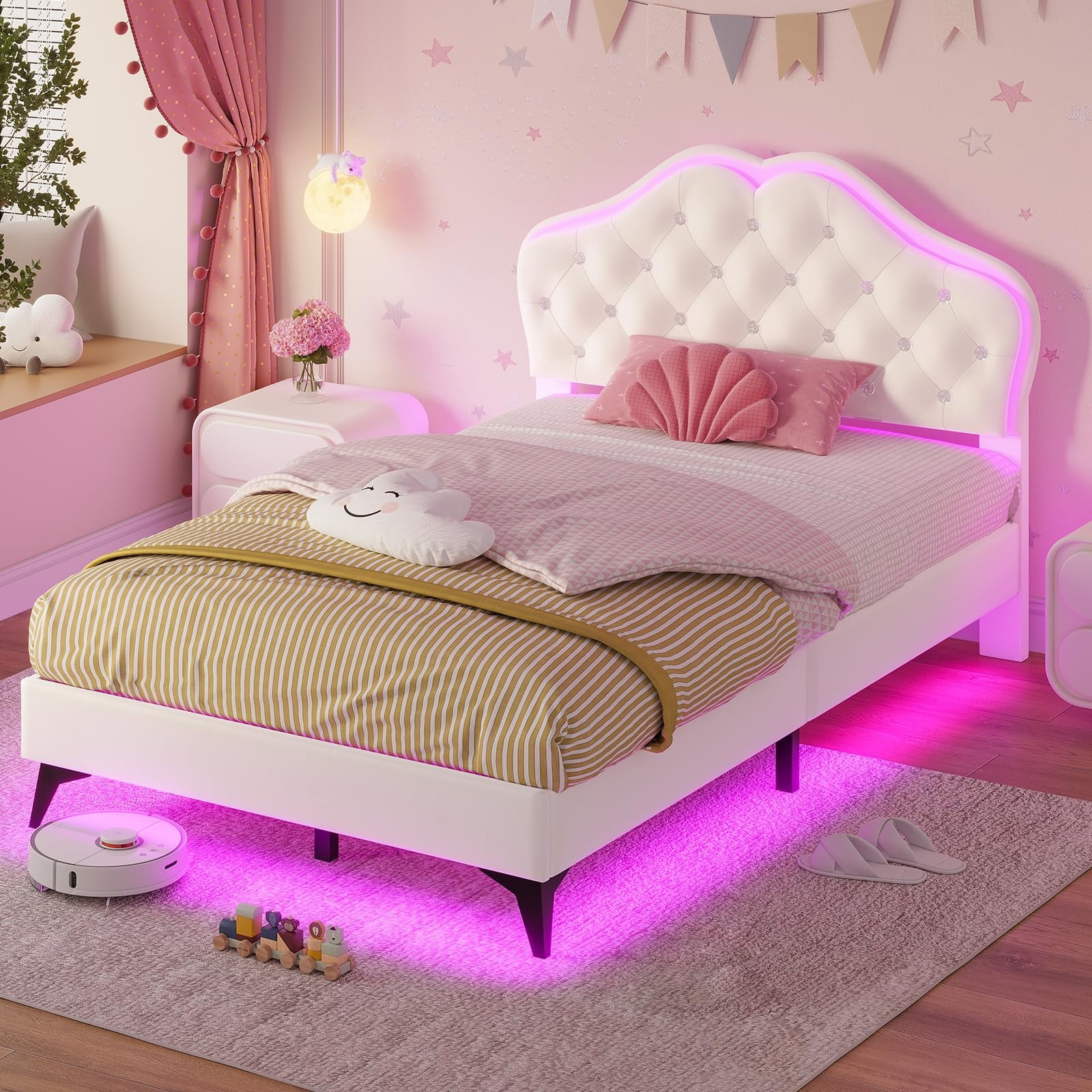 Princess Inspired Twin Bed Frame, RGB LED Light Strips on Headboard ...