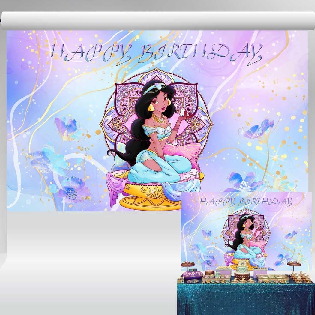 Princess Jasmine Birthday Party Backdrop Decor Glitter Blue Purple ...