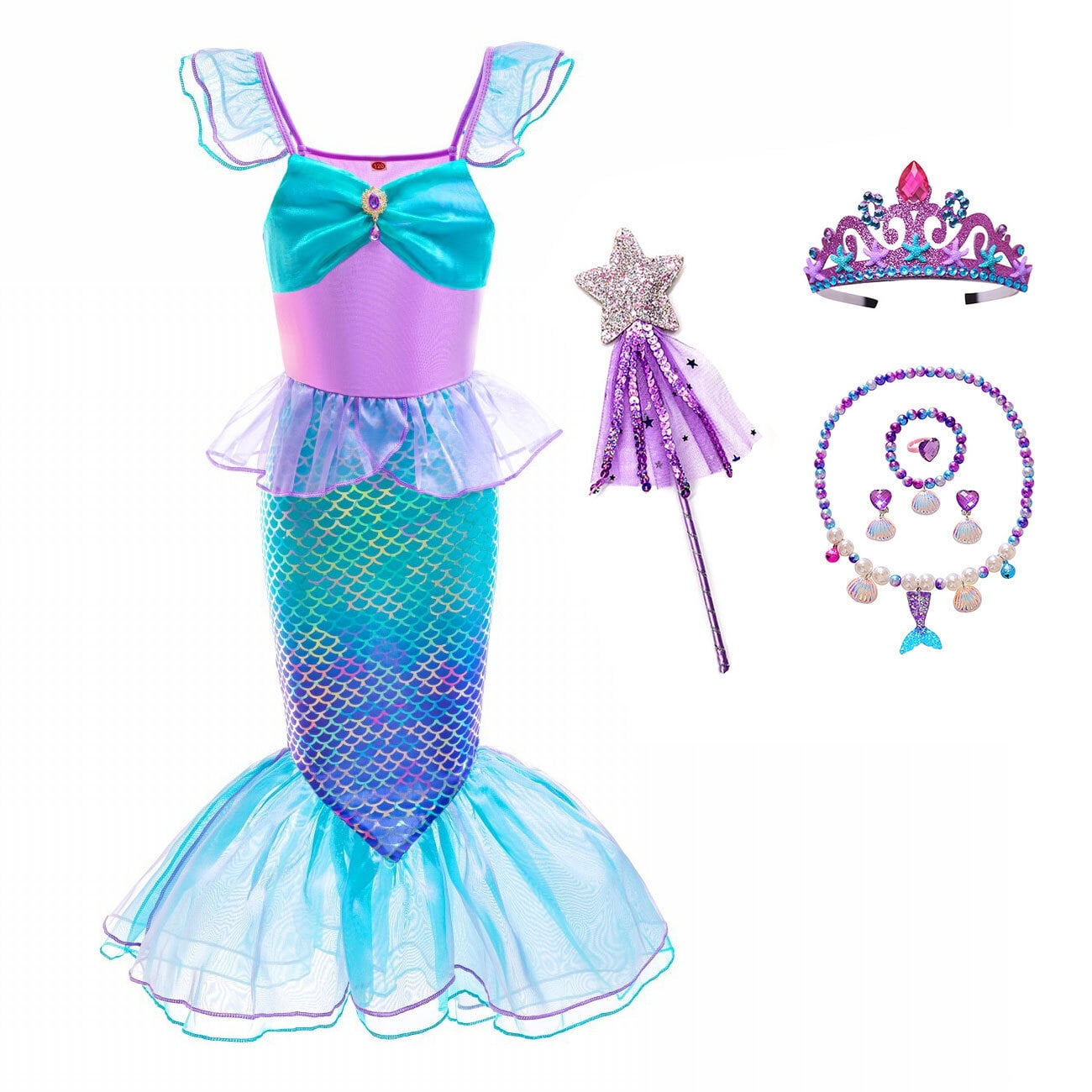 Girls Ariel Costume w/Accessories Dress Female Halloween Cosplay ...