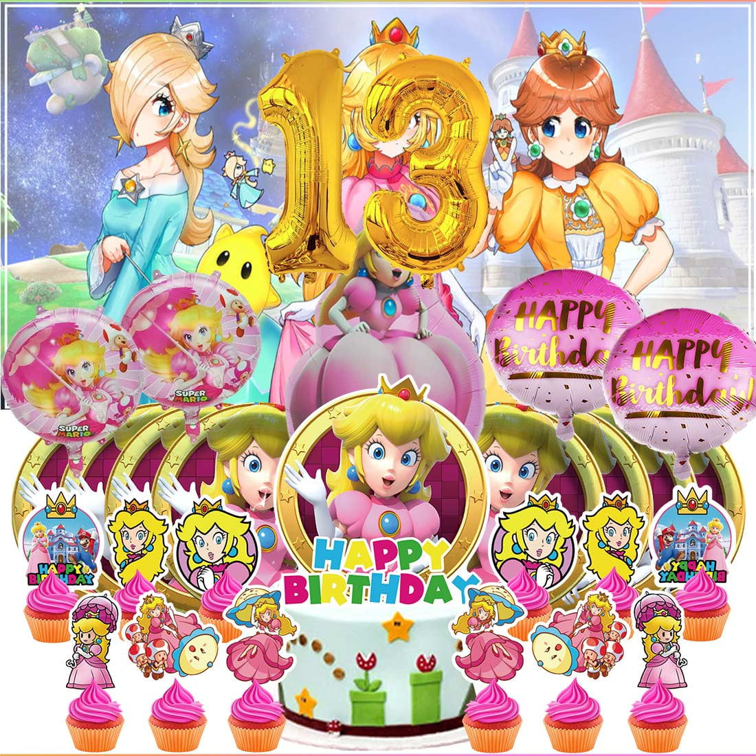 Princess Peach 13th Tableware Balloons Cake Toppers Backdrop Banner ...