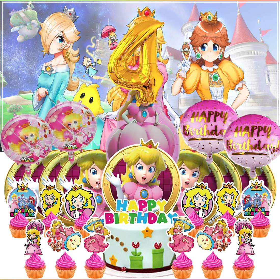 Princess Peach 4th Tableware Balloons Cake Toppers Backdrop Banner ...