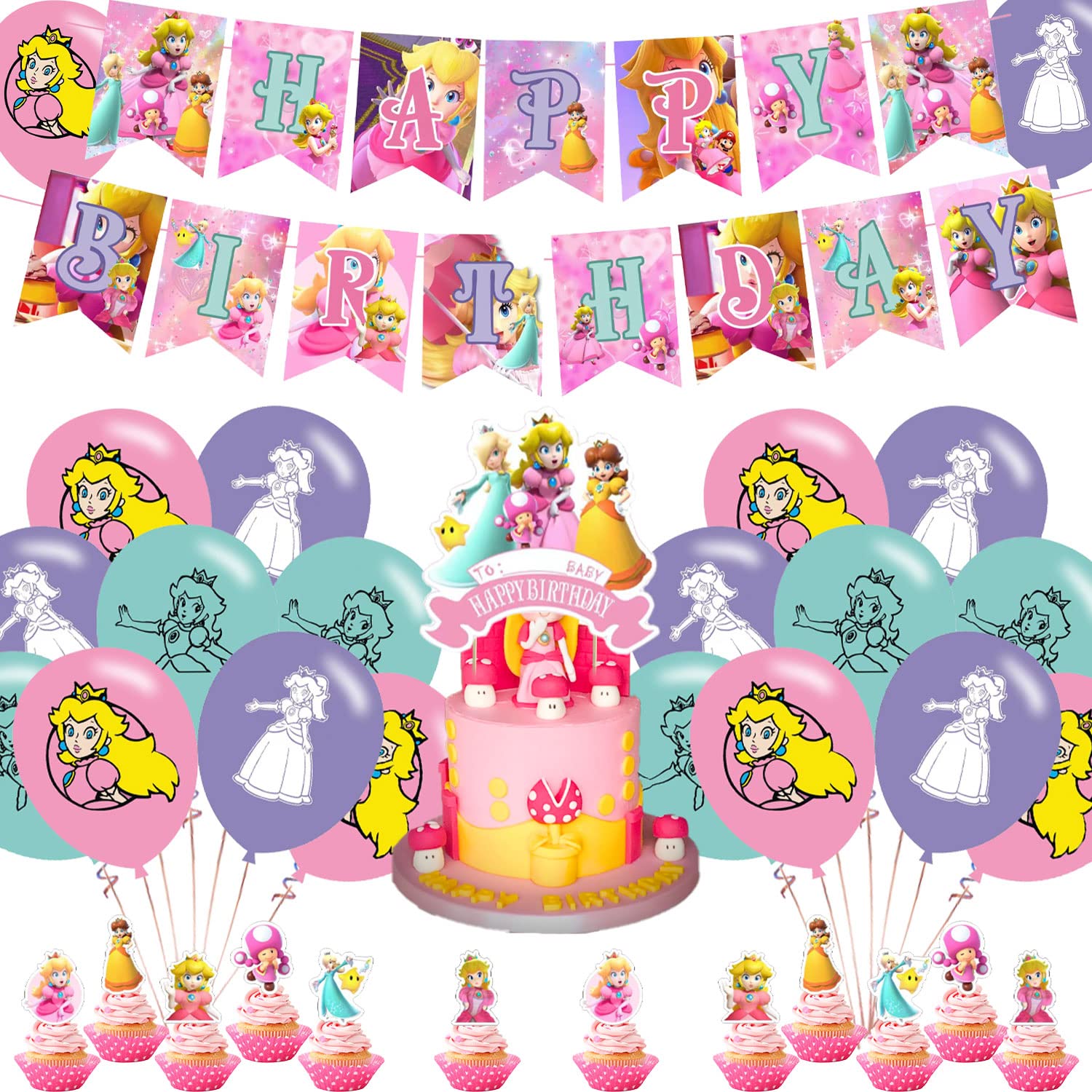 Princess Peach Birthday Party Decorations - Complete Set with Happy ...
