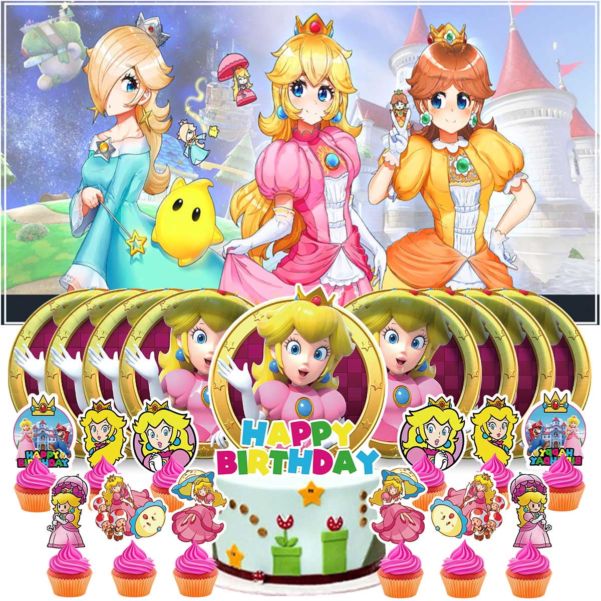 Princess Peach Birthday Supplies Plates Decorations Decor Backdrop ...
