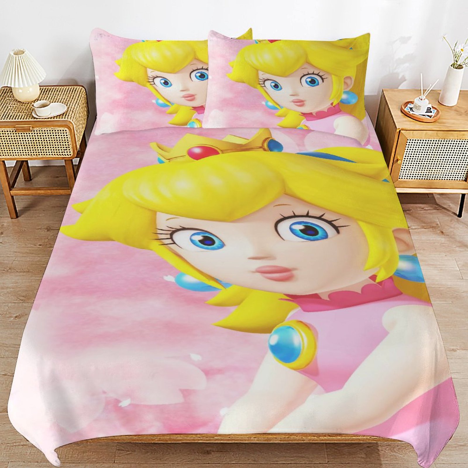 Princess Peach Cartoon 3 Piece Bedding Set, Cute Anime Printed Duvet ...