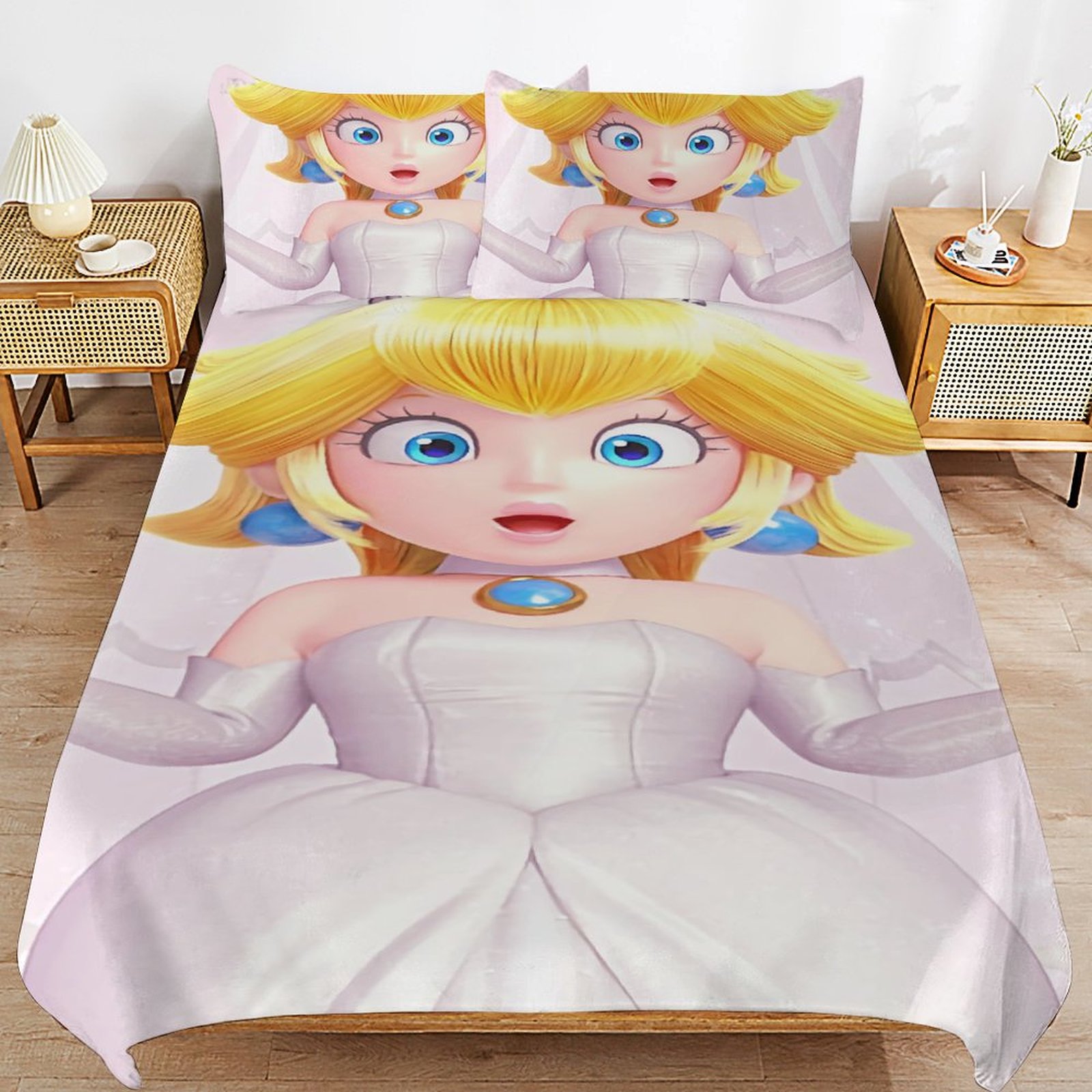 Princess Peach Cartoon 3 Piece Bedding Set, Cute Anime Printed Duvet ...