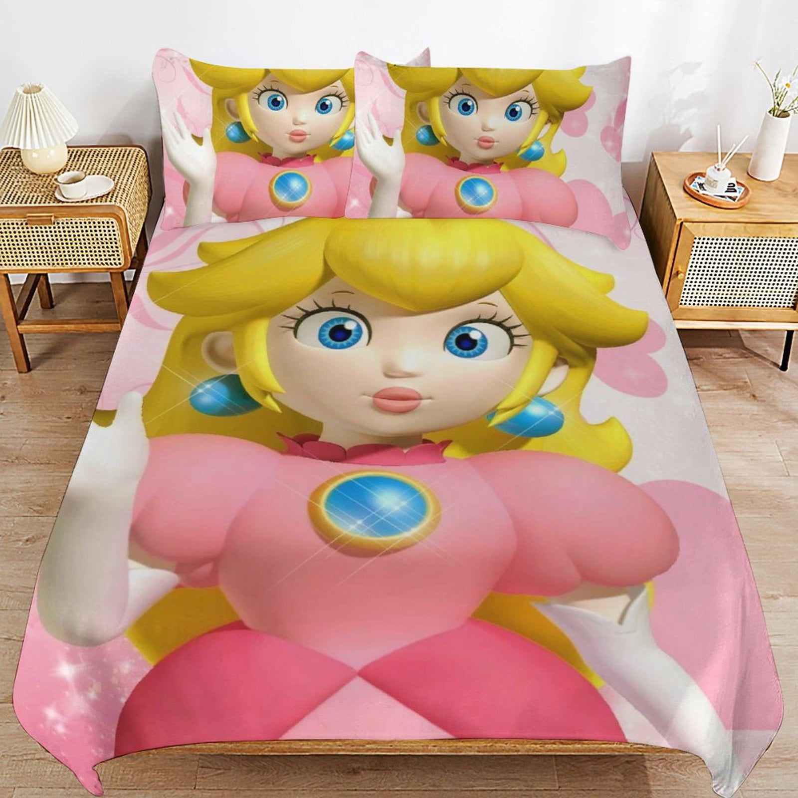 Princess Peach Cartoon 3 Piece Bedding Set, Cute Anime Printed Duvet ...