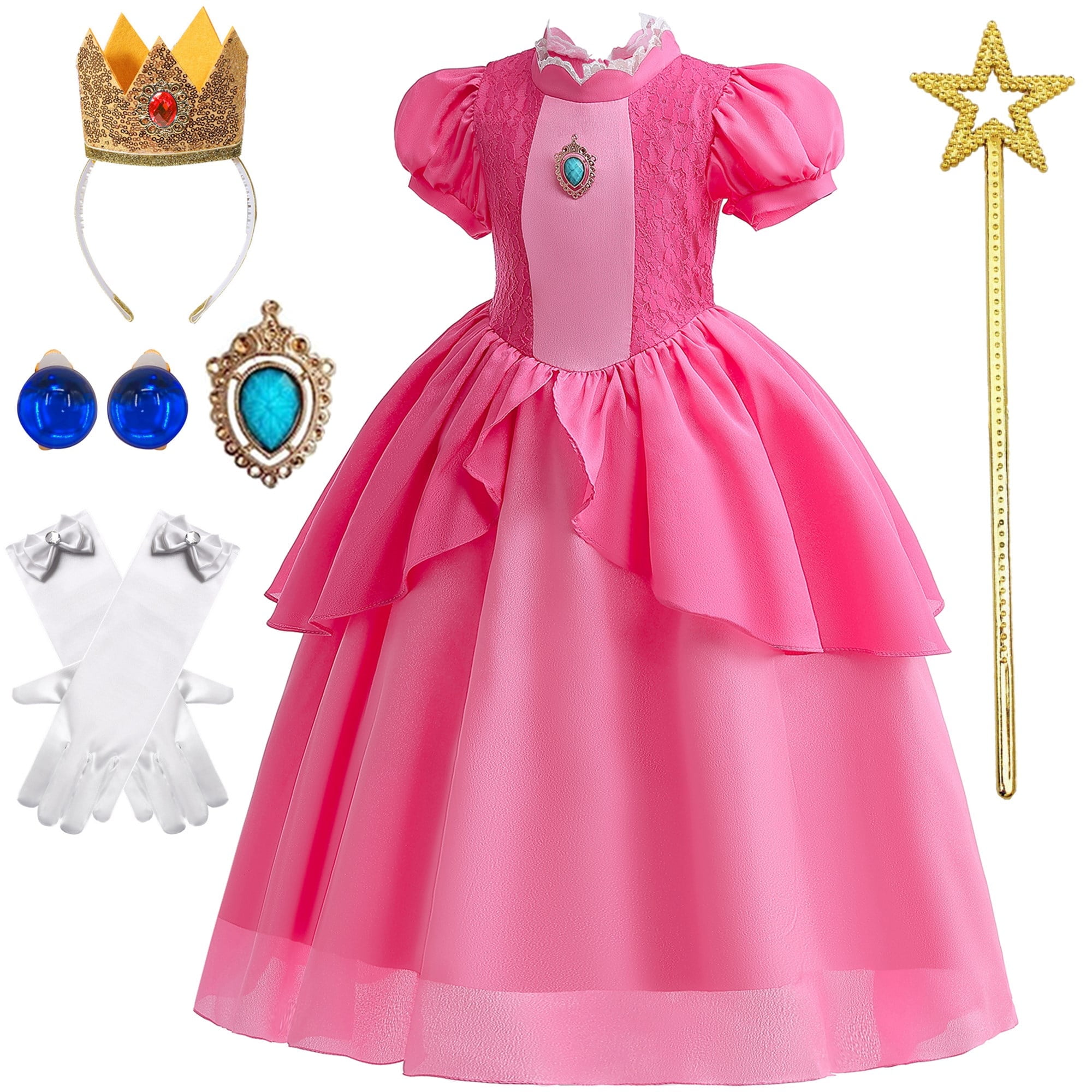 Princess Peach Costume for Girls Dress up Outfit with Crown Gloves ...