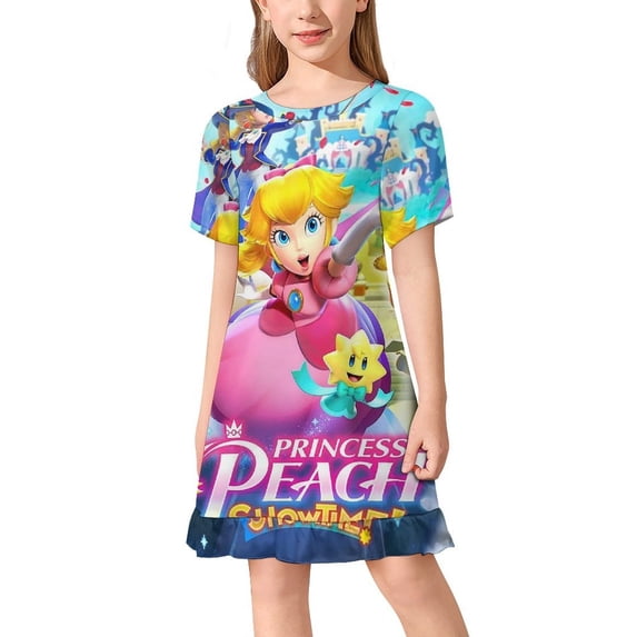 Princess Peach Girls Short Sleeve Dress A Line Twirly Skater Dress ...