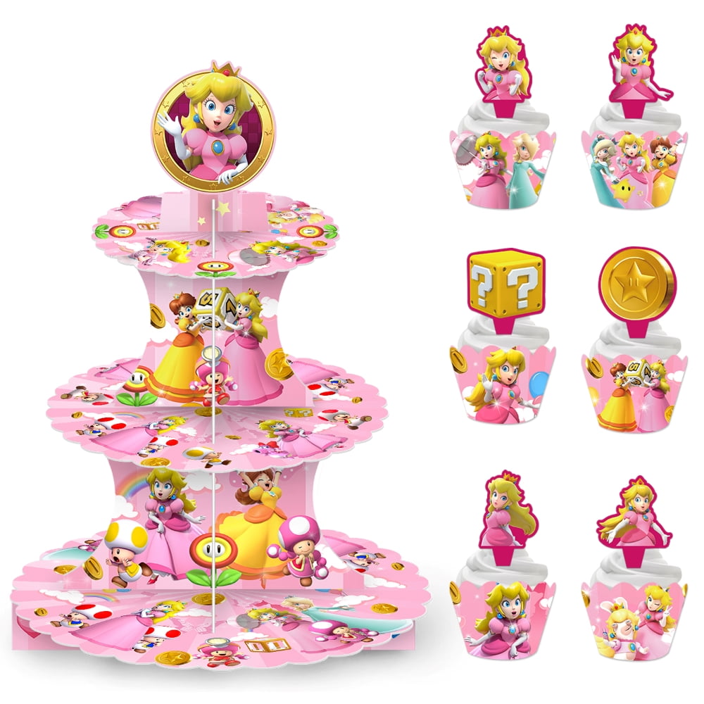 Princess Peach Themed 3-Tier Dessert Cupcake Stand with Cupcake Toppers ...
