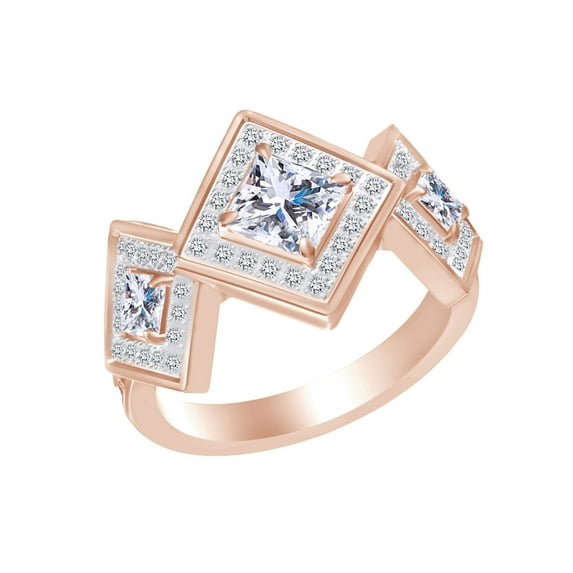 AFFY Princess & Round Cut White Cubic Zirconia Three Stone Engagement ...