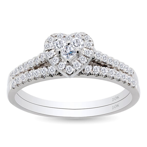 AFFY Princess & Round Cut White Natural Diamond Heart Bridal Ring Set ...