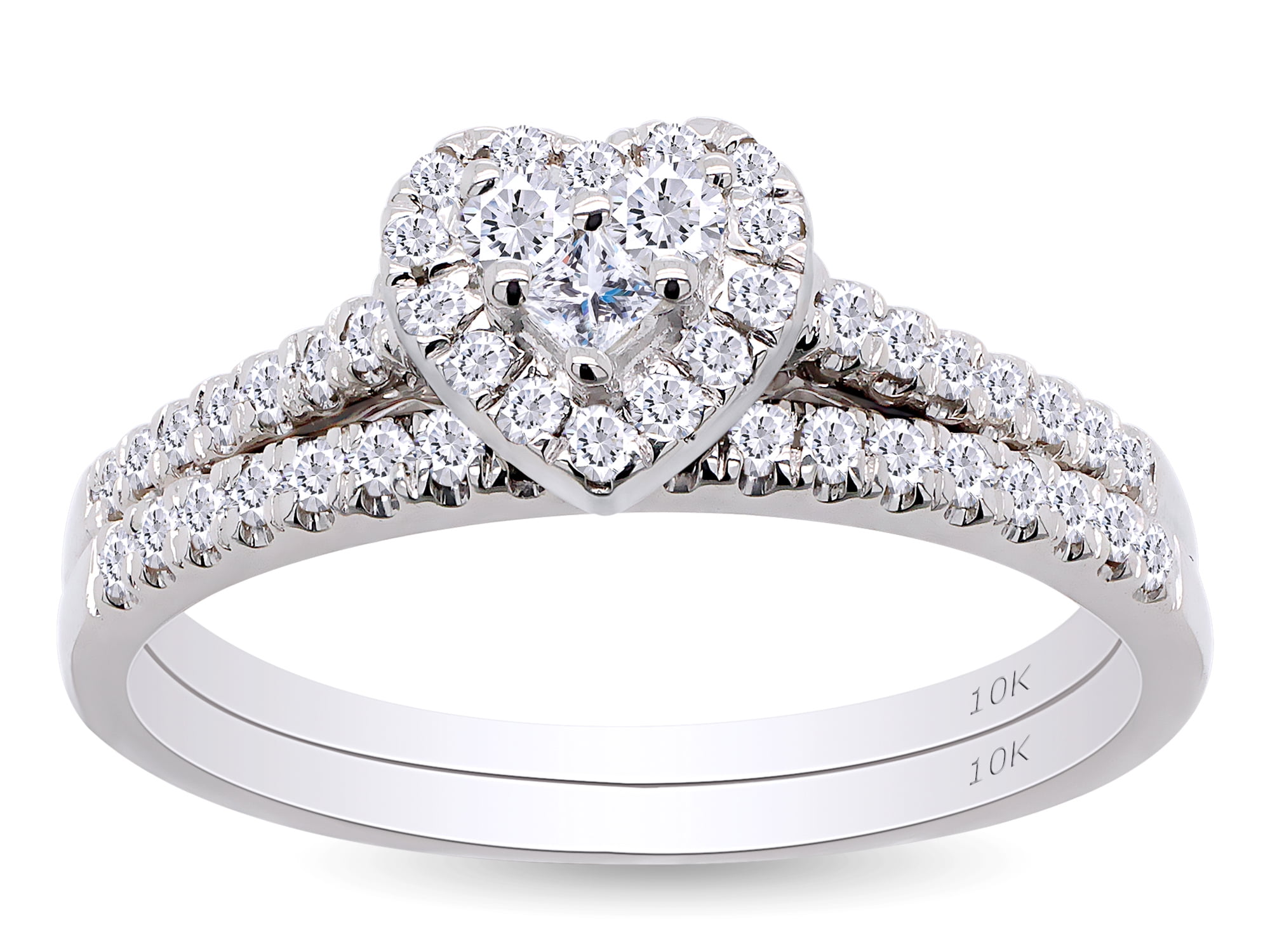 AFFY Princess & Round Cut White Natural Diamond Heart Bridal Ring Set ...