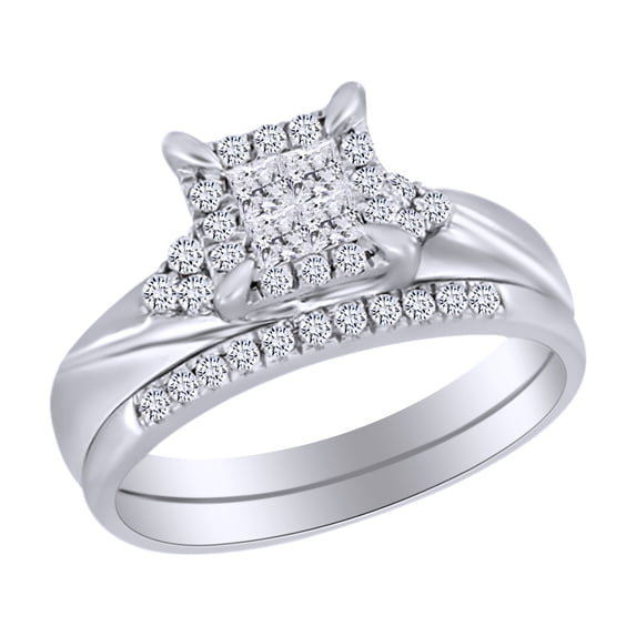AFFY Princess & Round Cut White natural Diamond Cluster Bridal Ring Set ...