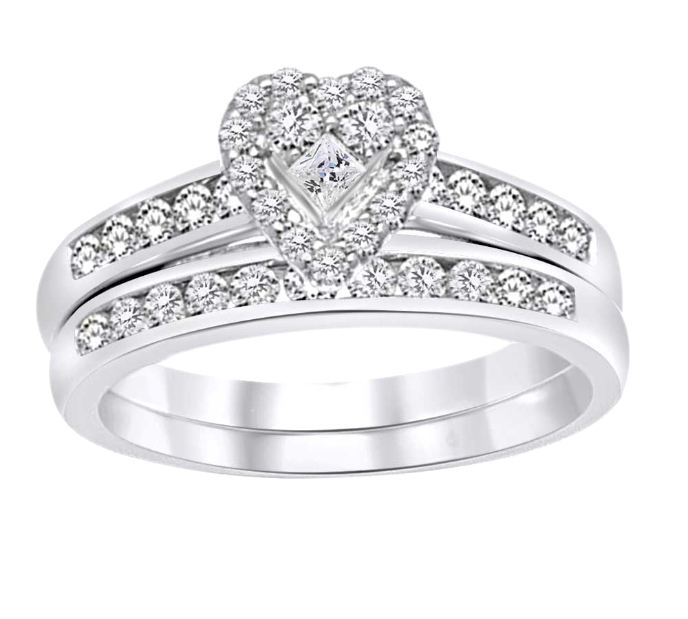 AFFY Princess & Round Shape White Natural Diamond Heart Bridal Ring Set ...