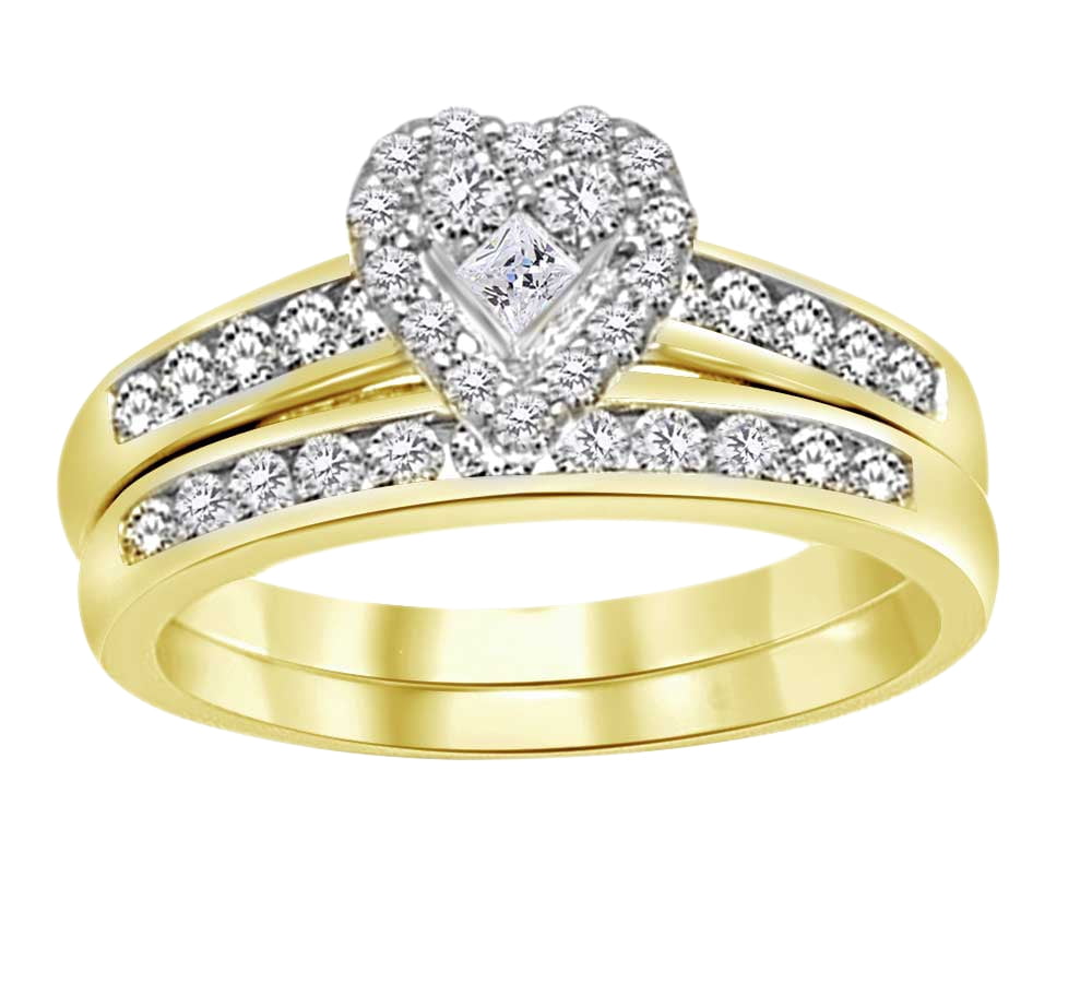 AFFY Princess & Round Shape White Natural Diamond Heart Bridal Ring Set ...