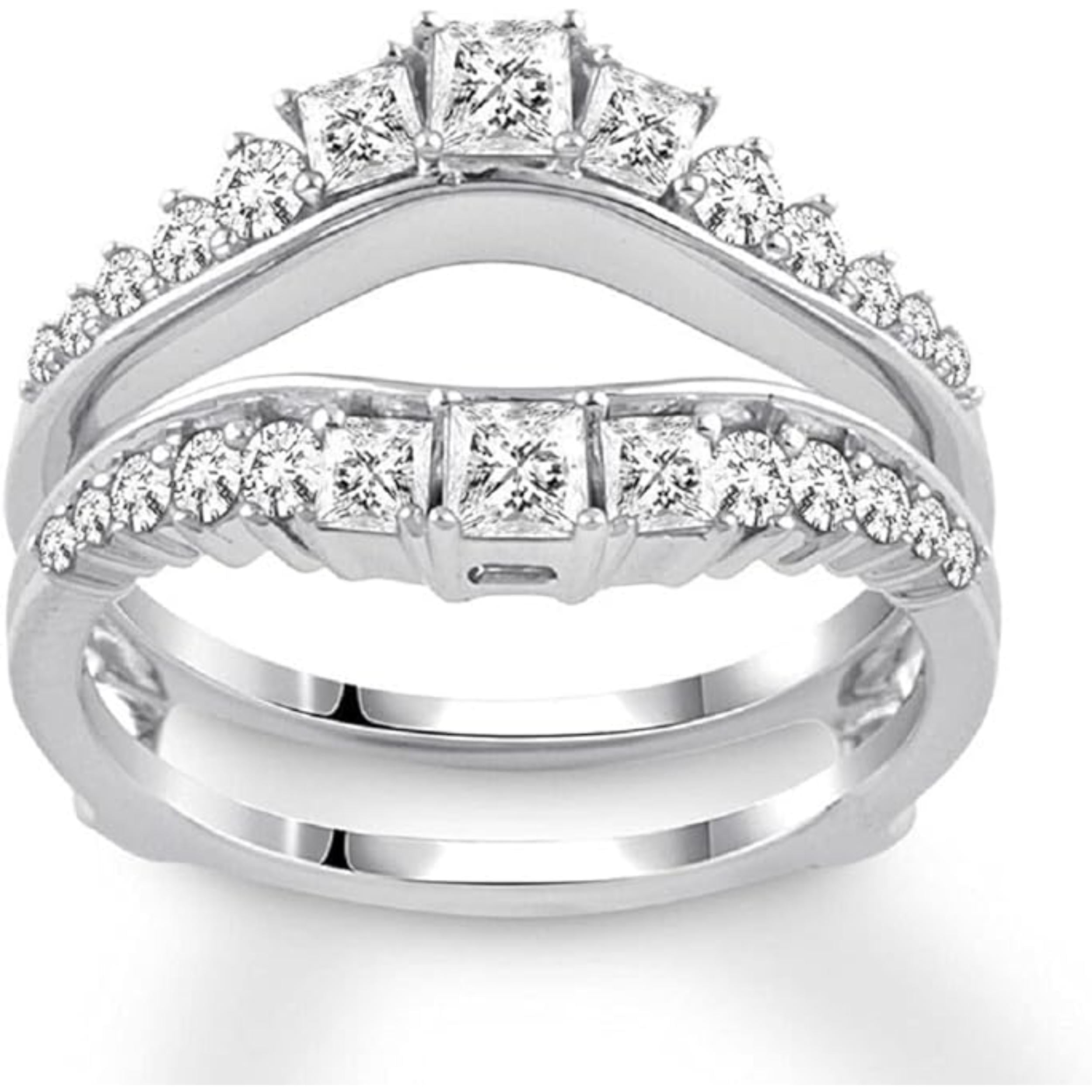 Princess & Round Simulated Diamond Wrap Enhancer Ring Silver 14K White ...