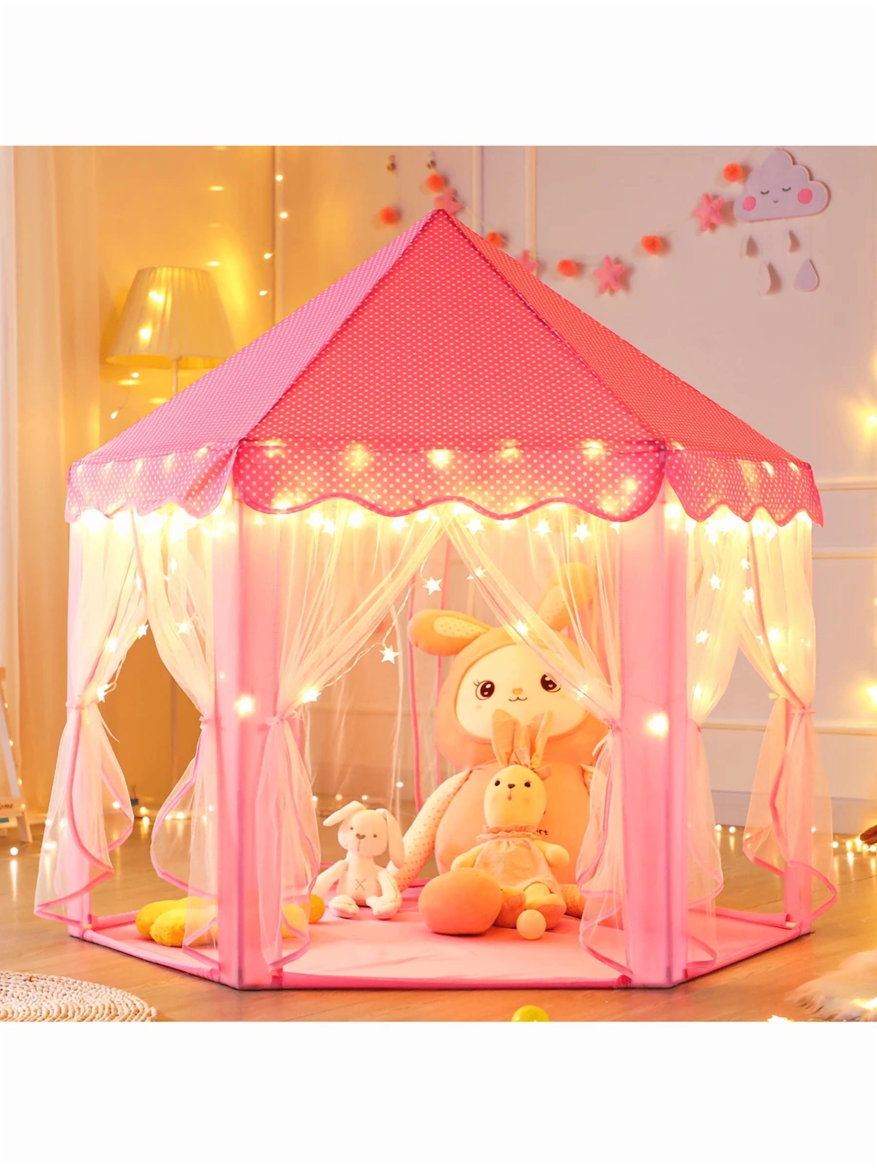 Princess Tent with Rug & Star Lights, Pink Princess Castle Indoor Tent ...
