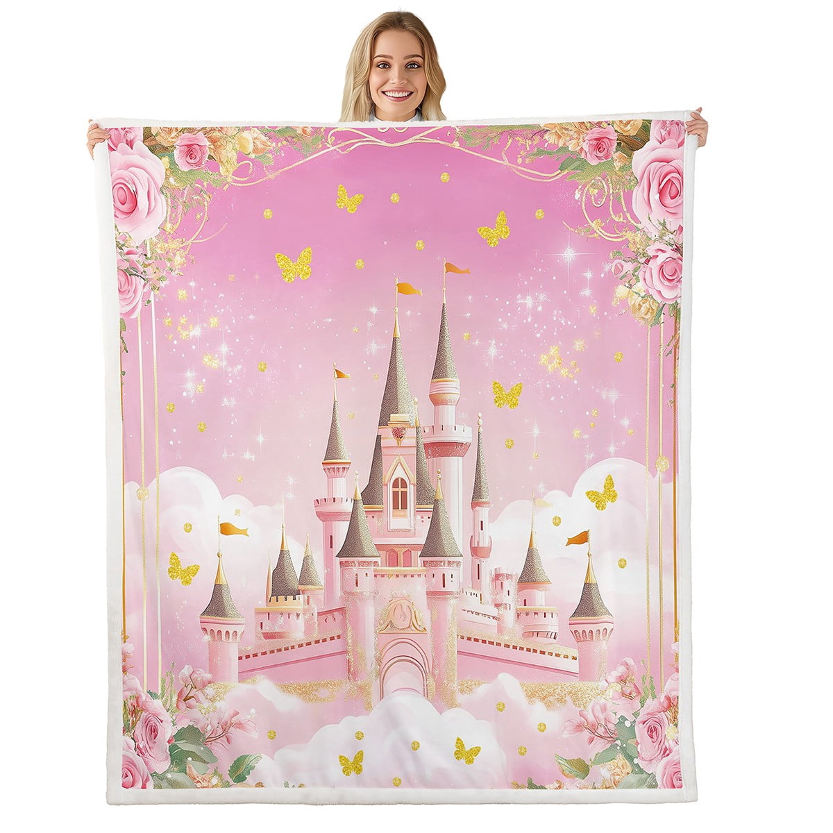 Princess Throw 50"X60" Throw Blanket Pink Castle Galaxy Glitter Fleece ...
