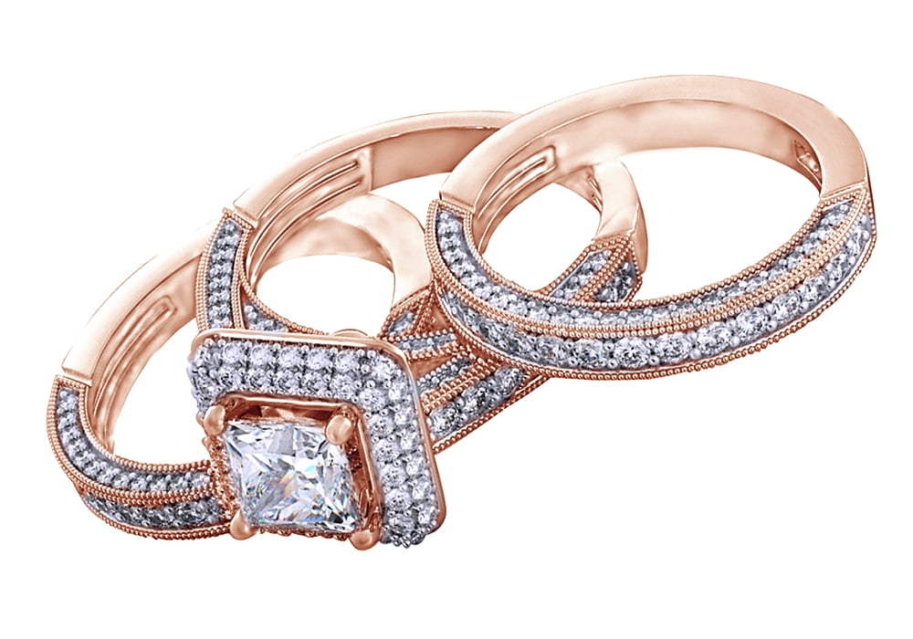 AFFY Princess & Round Cut White CZ Engagement & Wedding Trio Band Ring ...