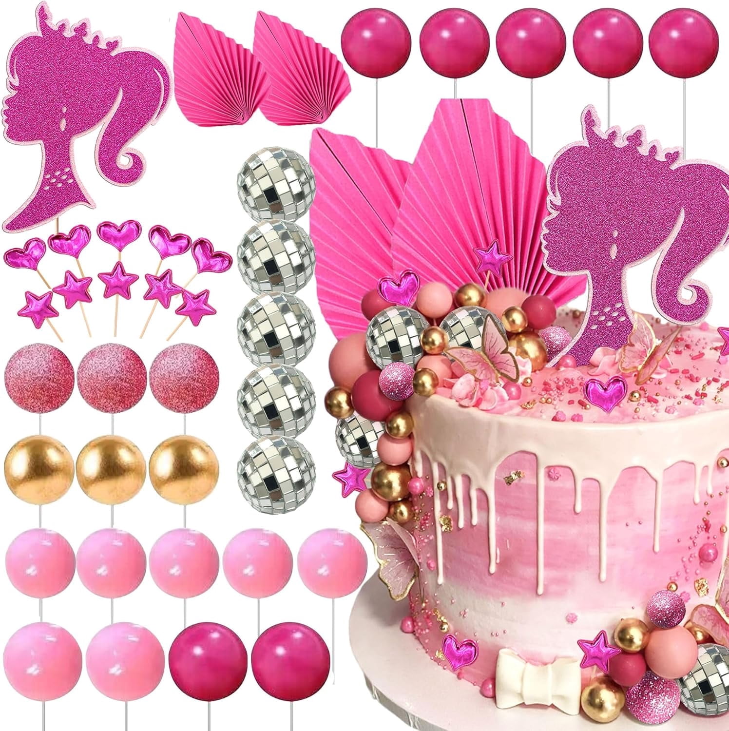 Cake Decoration Set Pink Gold Silver Multi-piece Shiny Mirror 3D Topper ...