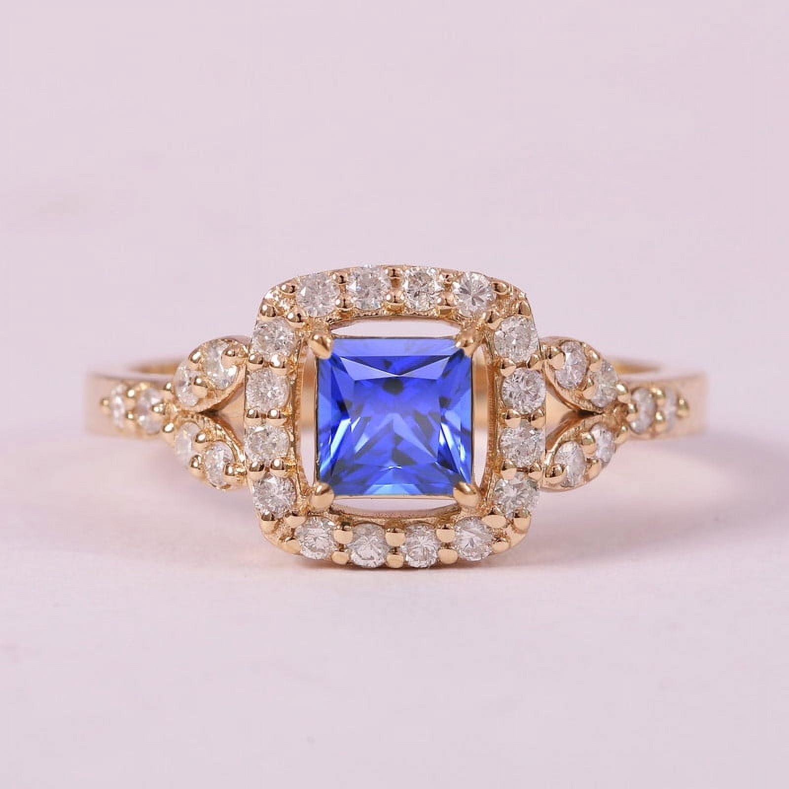 Princesss Blue Sapphire and Diamond Helo Gemstone Ring, Minimalast ...