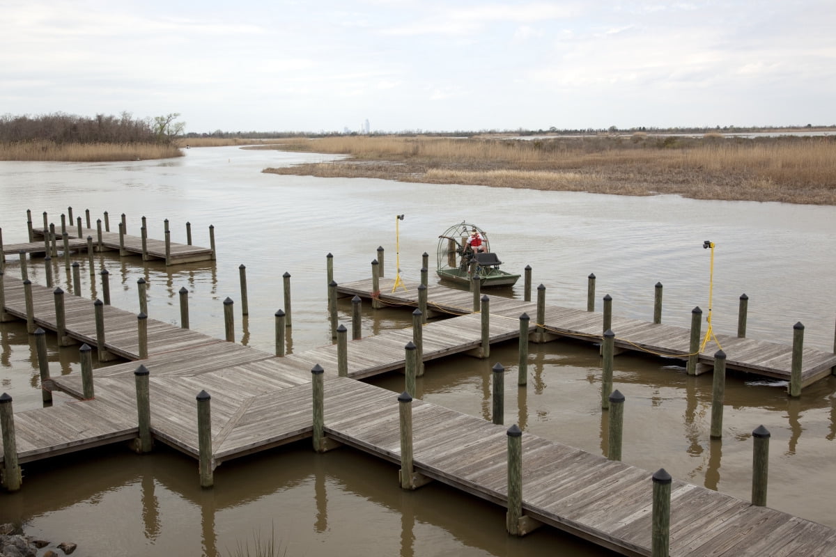 Print: An Airboat Lands At The Dock Of The 5 Rivers Delta Center ...