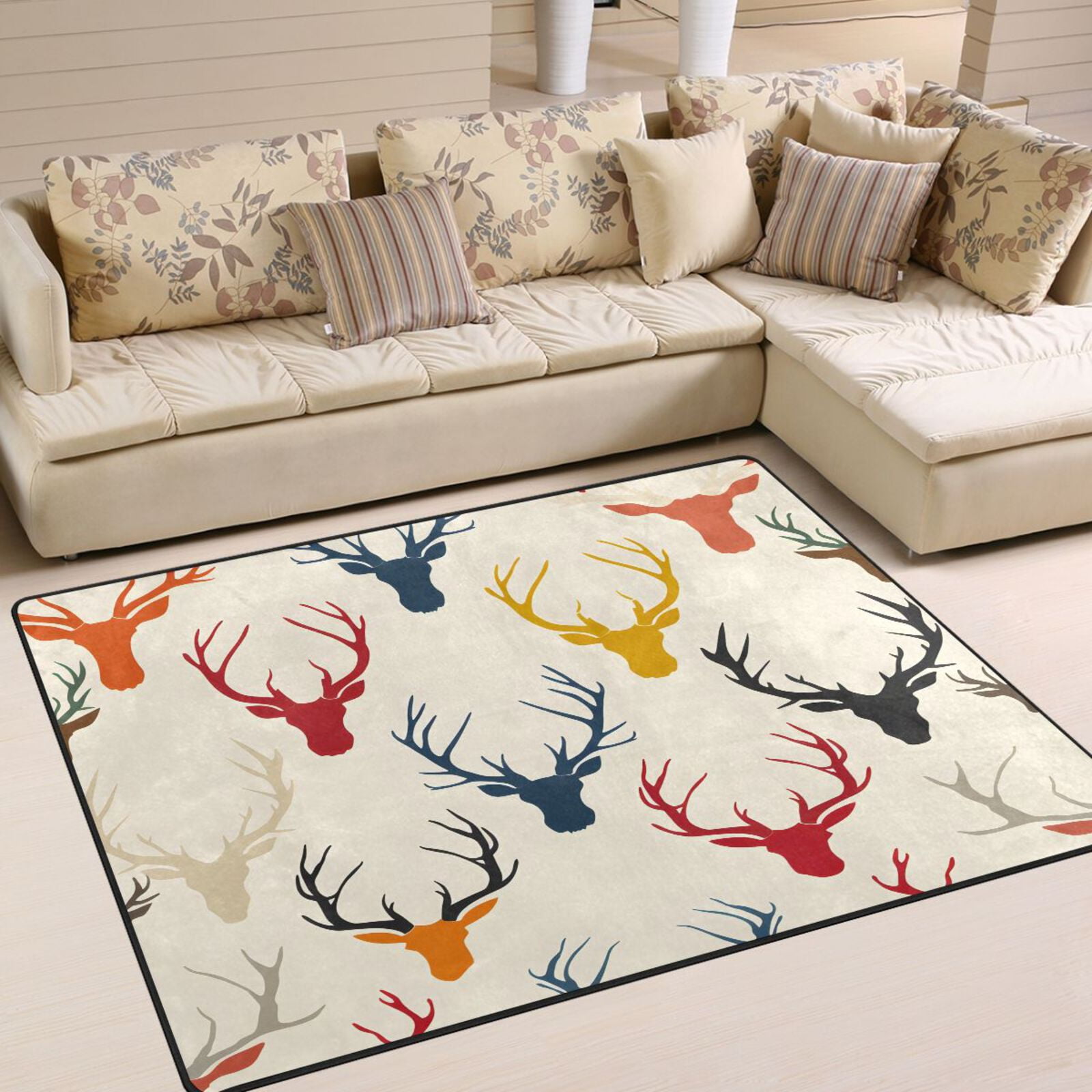 Print Antlers Deer Head Area Rug Washable 80 x 58 Floor Carpet Mat Non ...