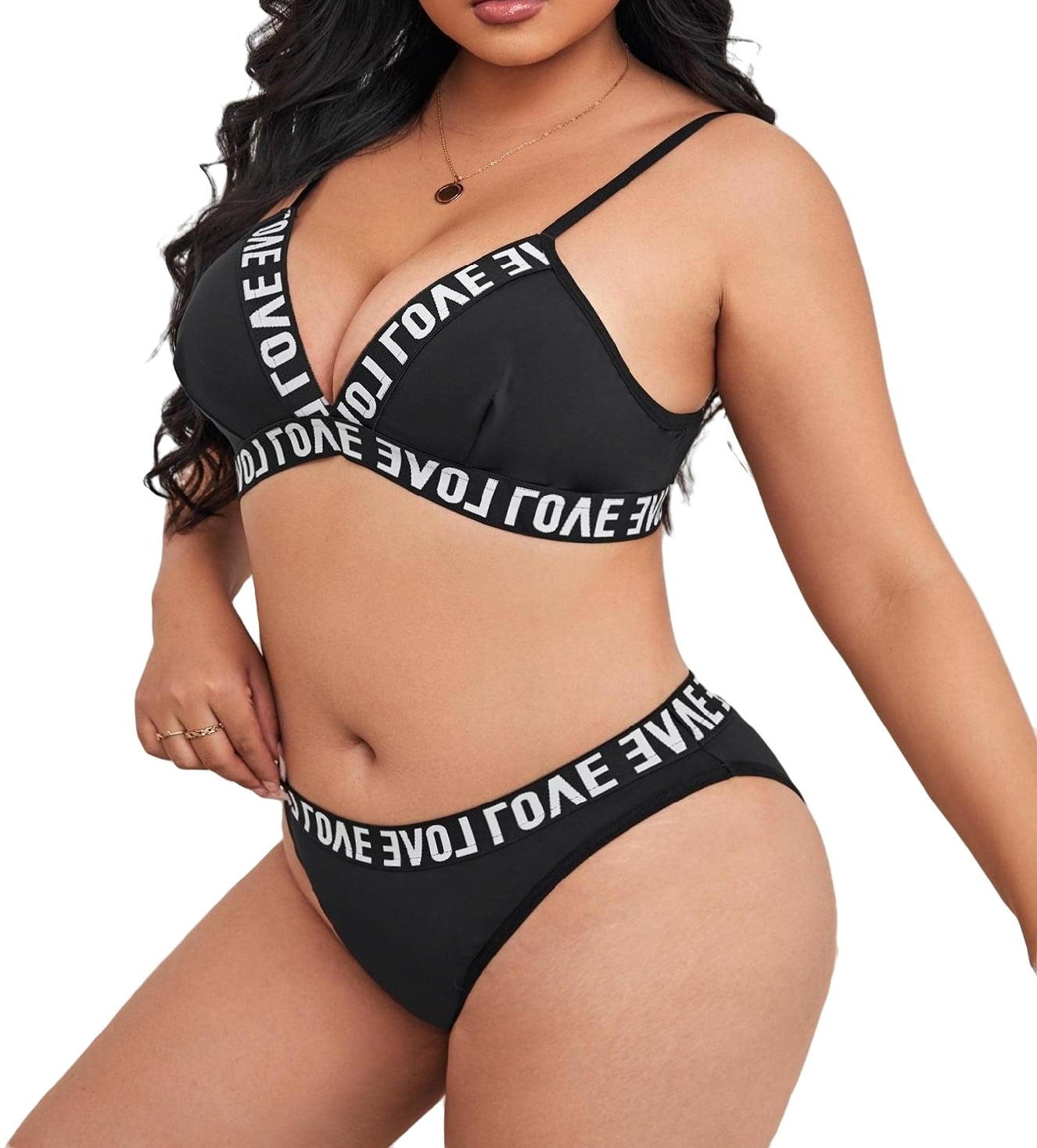 Print Black Plus Size Bra And Panty Sets Womens