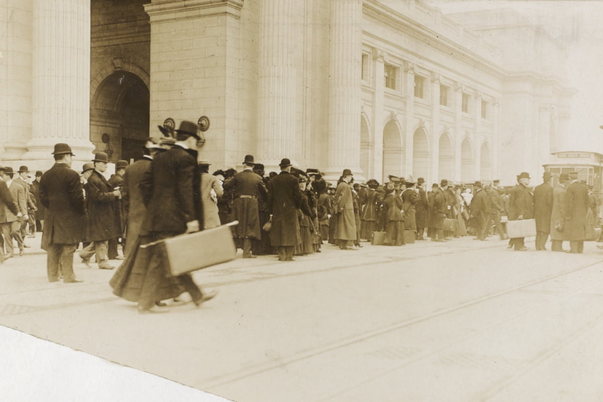 Print: Crowd Standing Outside Possibly Union Station Waiting To Board ...