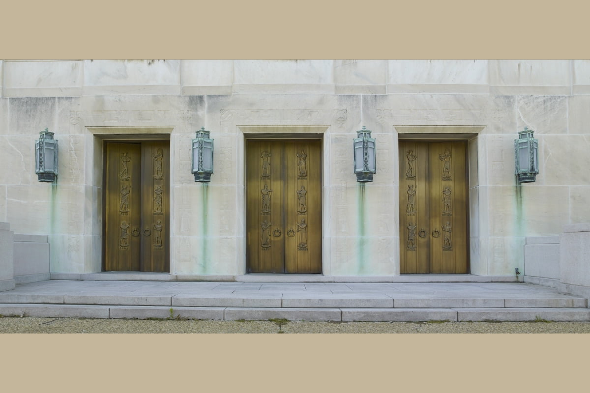 Print: Exterior View. Doors, East Entrance. Sculpted Bronze Figures By ...