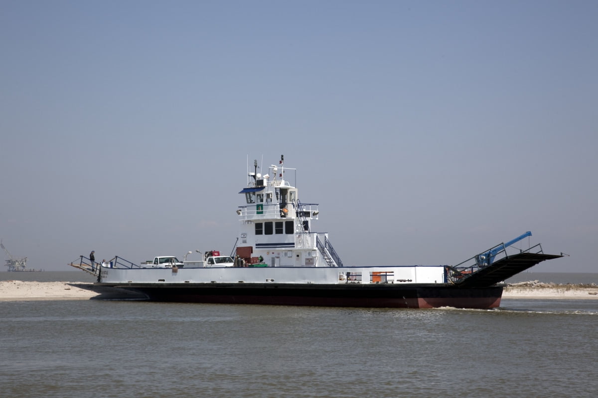Print: Ferries, Boats And Oil Rigs All Co-Exist On Mobile Bay In ...