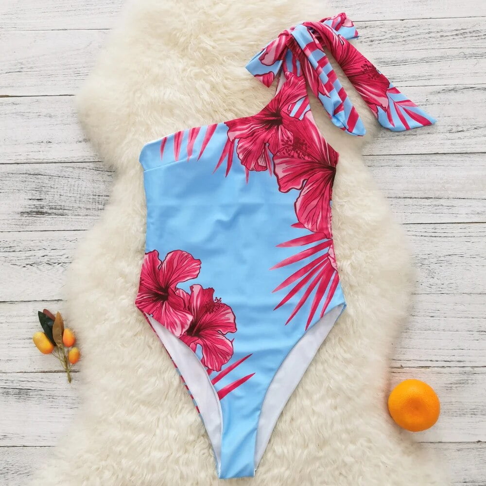 Print Floral One Piece Swimsuit Women Padded Swimwear Bandage Cut Out ...