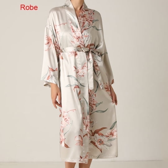 Print Flower Nighty&Robe Suit Sleepwear Sexy Satin Kimono Gown Women ...