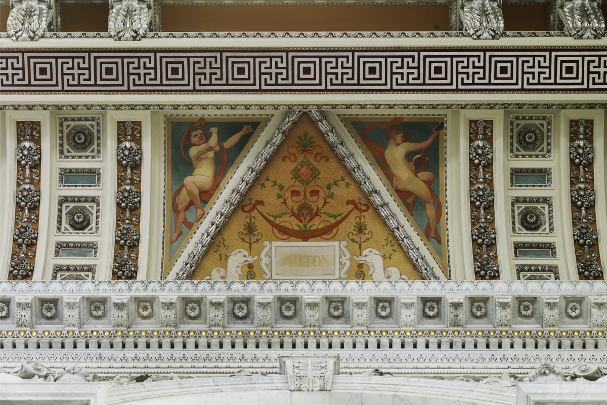 Print: Great Hall. Detail Of Ceiling And Cove Showing Milton Plaque ...