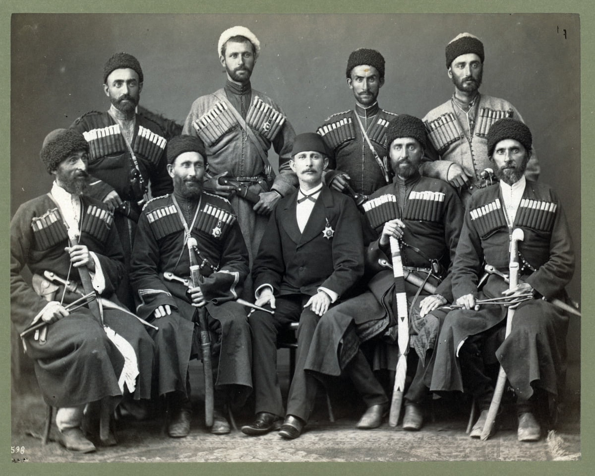 Print: Group Portrait Of Eight Circassian Men In Uniform, With Another ...