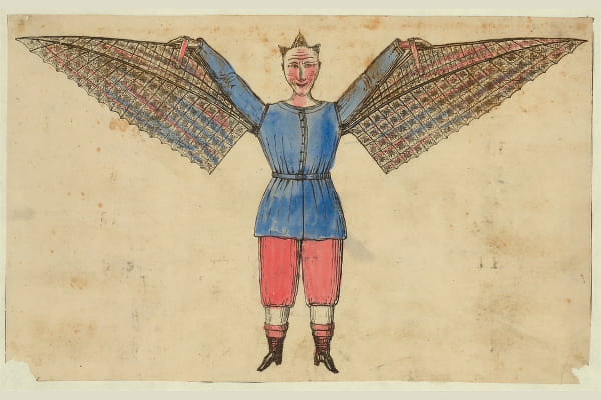 Print: Humorous Portrayal Of A Man Who Flies With Wings Attached To His ...
