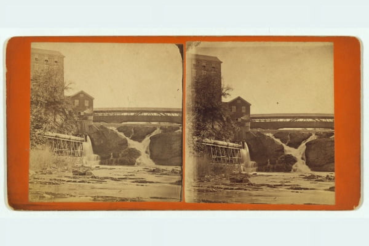 Print: Industrial Building By Waterfall With Covered Bridge Spanning ...