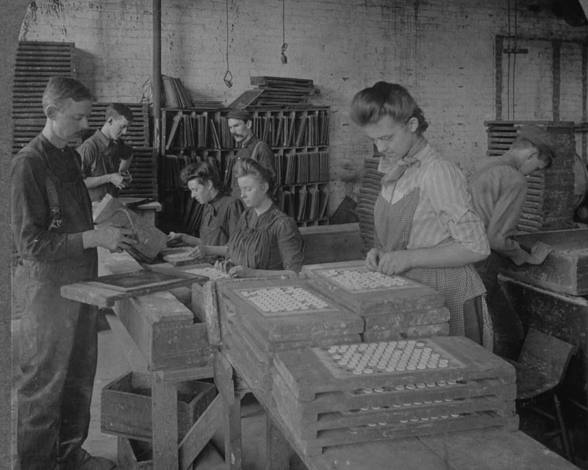 Print: Laying Buttons And Spraying Colors, Button Factory, Warsaw, New ...