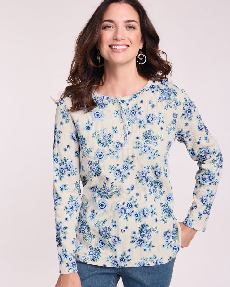 Print Long Sleeve Pointelle Henley Top - Walmart.com