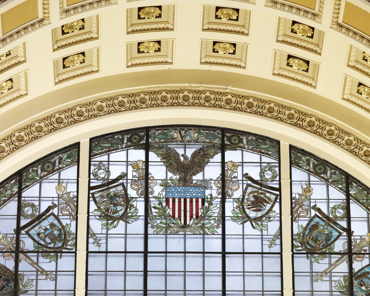 Print: Main Reading Room. Detail Of Stained Glass Window And Coffered ...