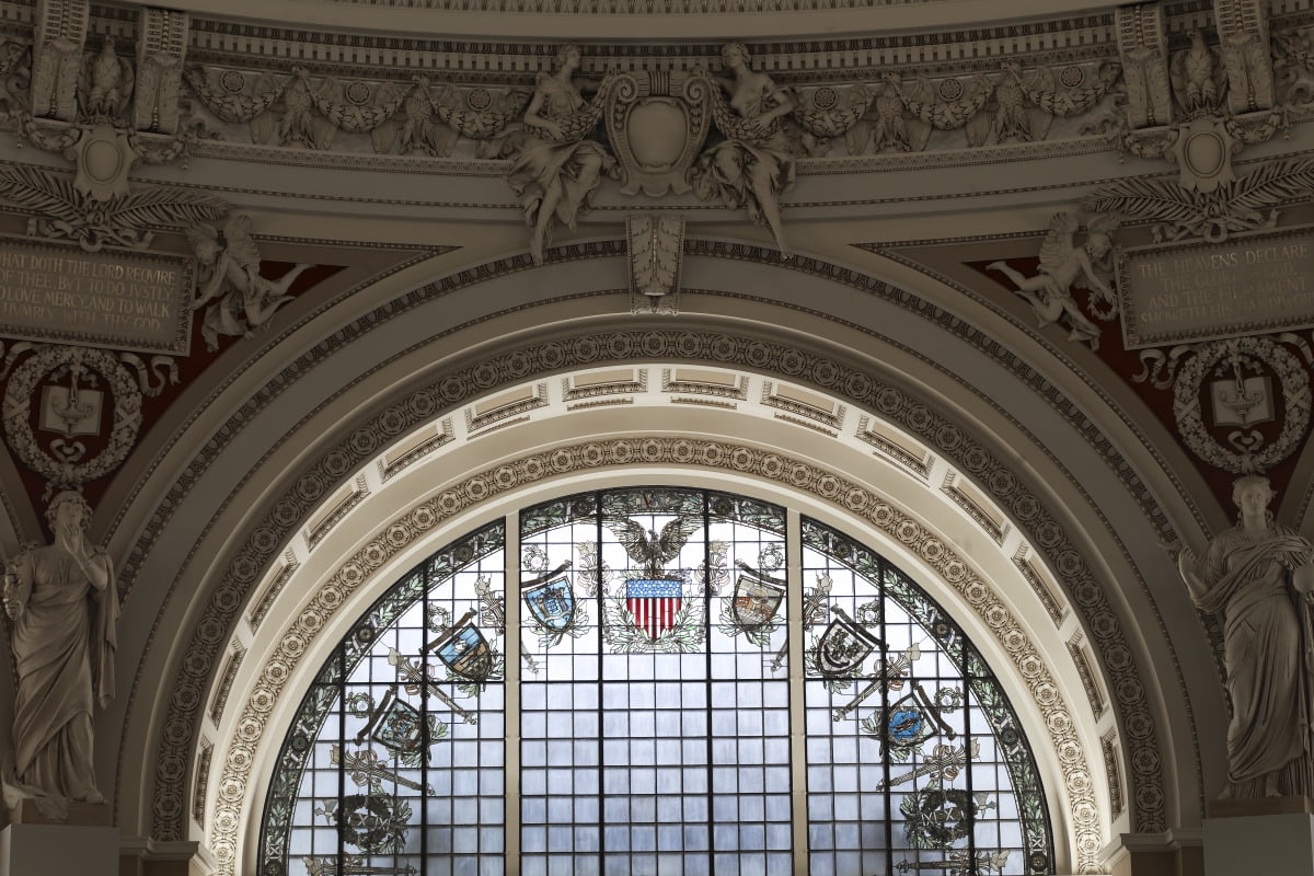 Print: Main Reading Room. Semi-Circular Stained Glass Window In Alcove ...