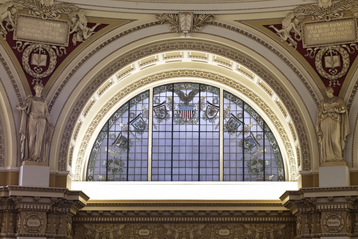Print: Main Reading Room. Semi-Circular Stained Glass Window In Alcove ...
