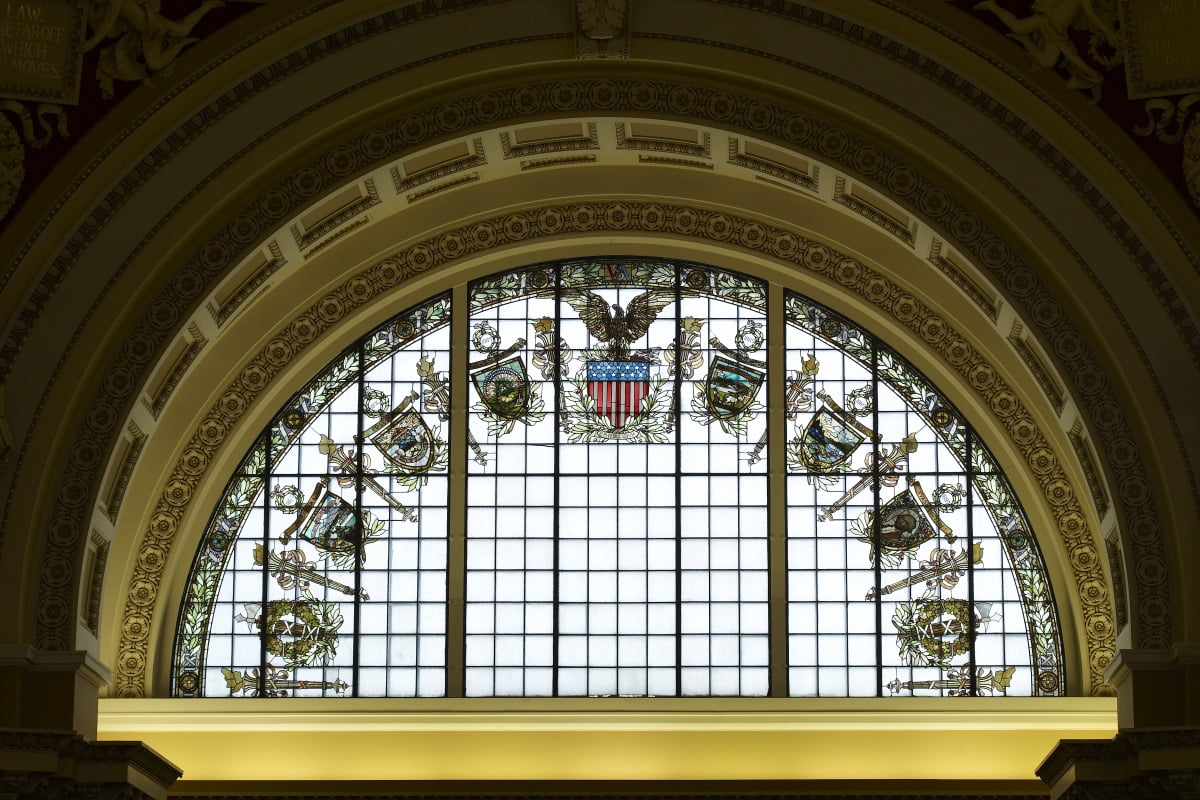 Print: Main Reading Room. Semi-Circular Stained Glass Window In Alcove ...